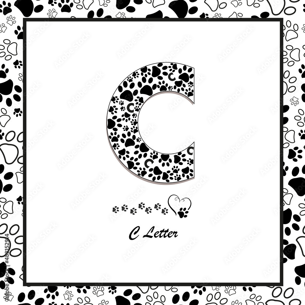 Made of paw print C letter. Black and white paw prints seamless fabric ...