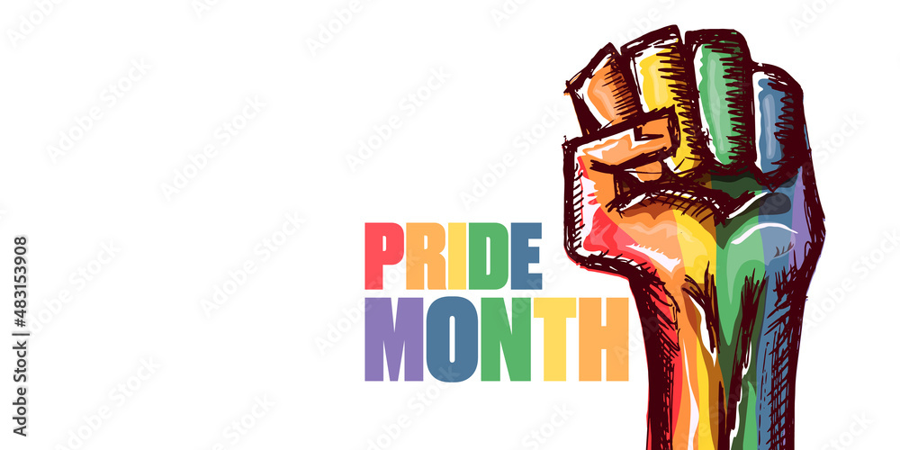 Vecteur Stock Happy pride month horizontal banner with Rised LGBT fist ...