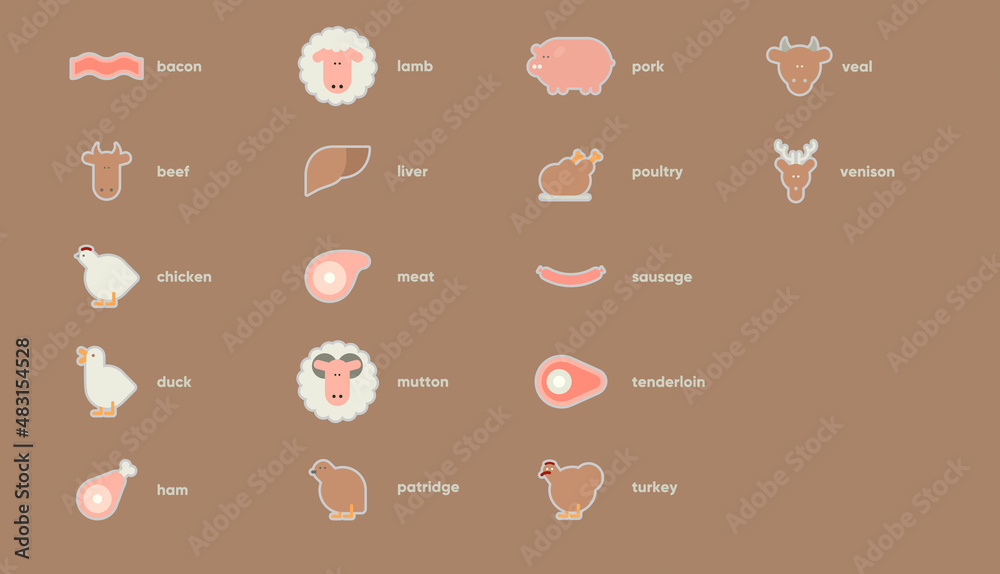 Meat products. A set of simple icons. Farmer's products. Minimalist ...