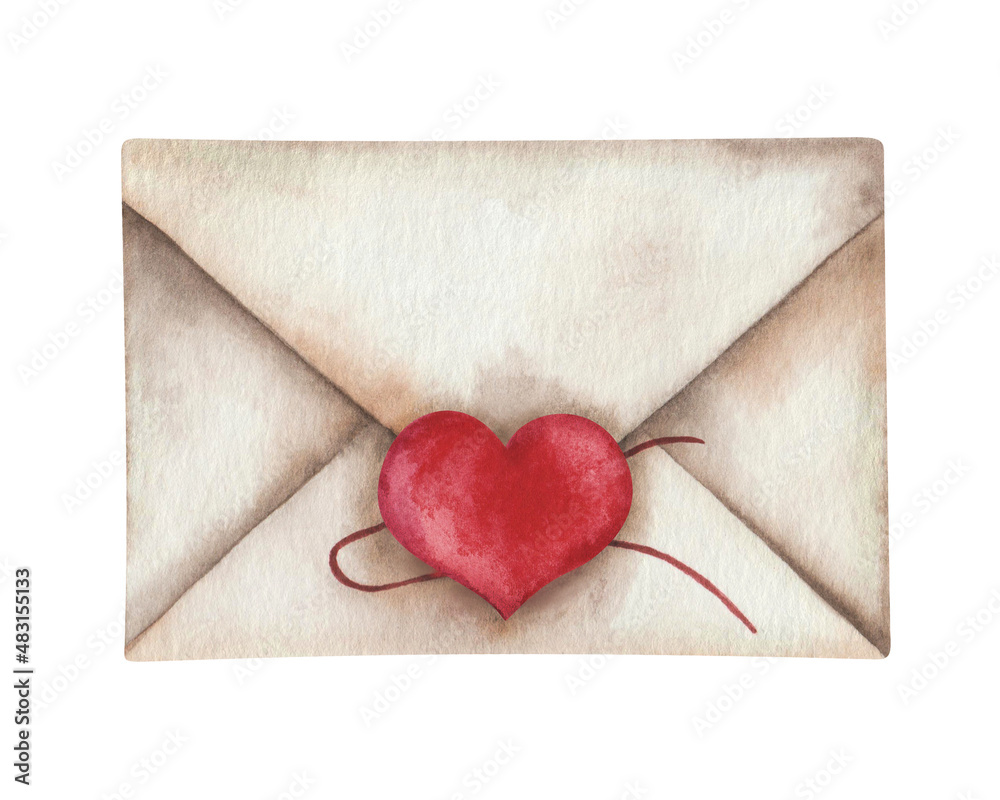 Watercolor illustration of hand painted close beige paper envelope with ...