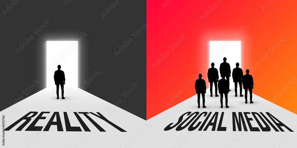 Reality Vs Social Media Concept background with More People standing at ...