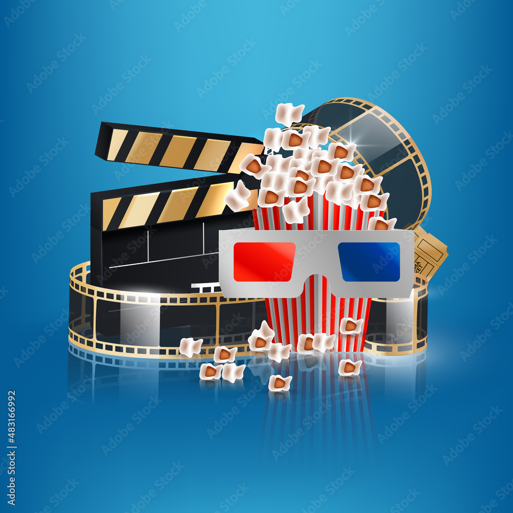 Movie time vector illustration. Cinema poster concept on blue round ...