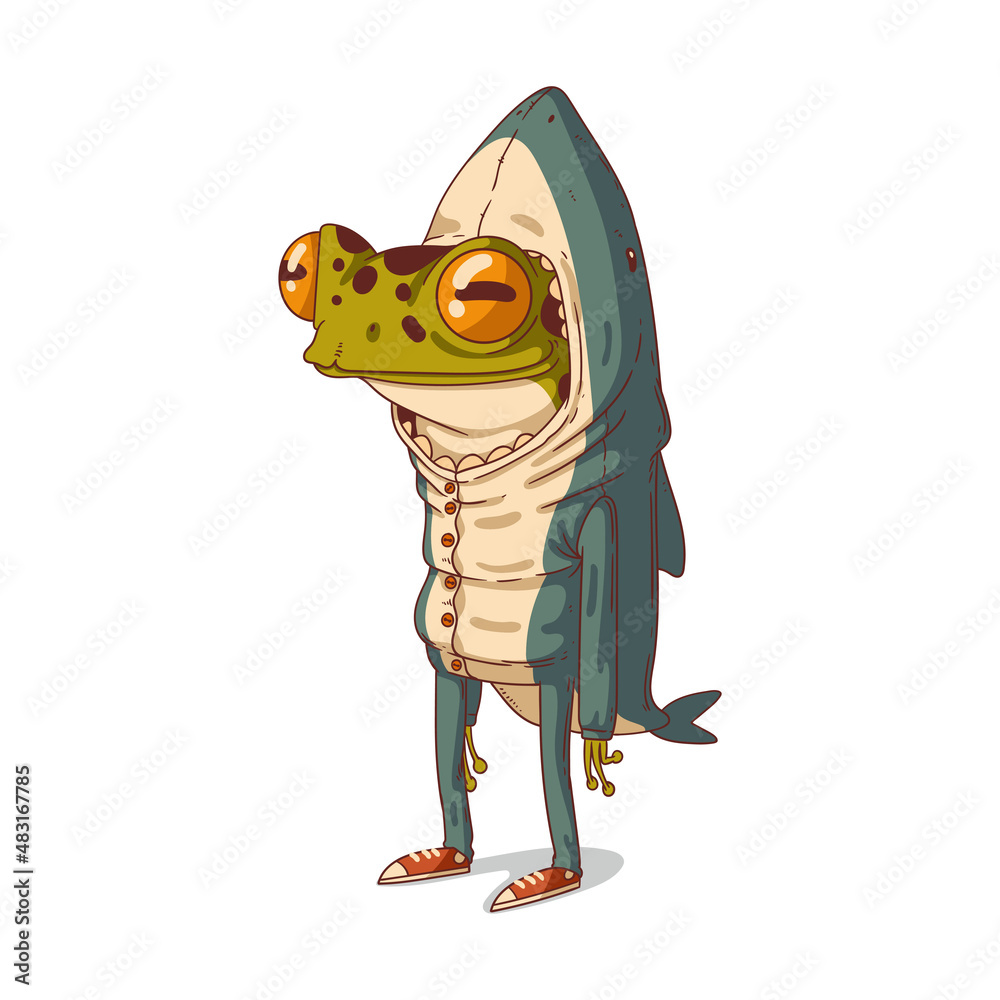 Vetor de A frog dressed as a shark, isolated vector illustration ...