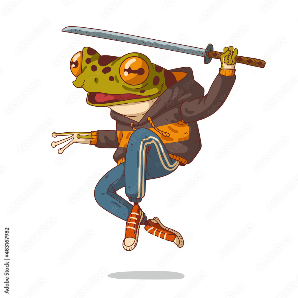 Teenage ninja frog, isolated vector illustration. Brave humanized frog ...