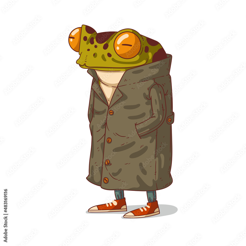 A spy frog, vector illustration. Suspicious humanized frog. Calm ...