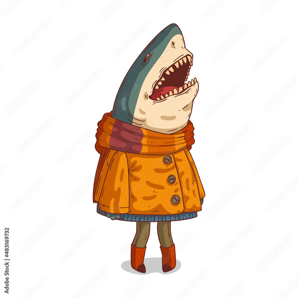A girl shark, isolated vector illustration. Cartoon humanized hipster ...