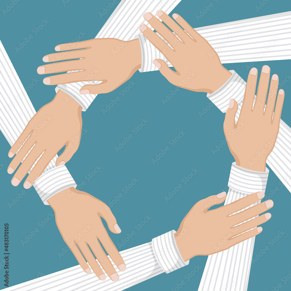 Teamwork concept. Friends with stack of hands showing unity and ...