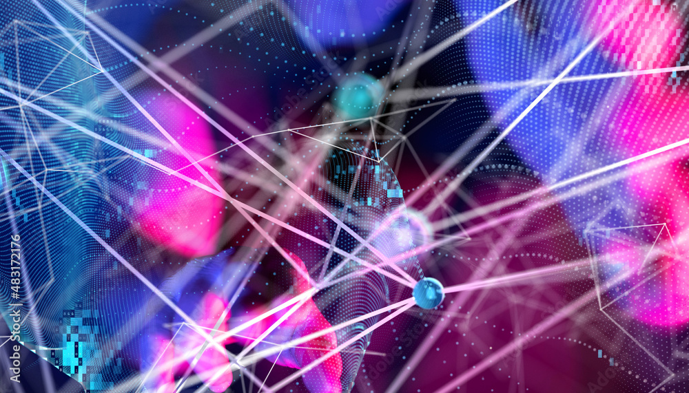 Global network. Blockchain. 3D illustration. Neural networks and ...