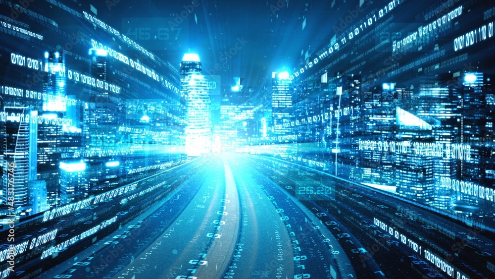 Digital data flow on road in concept of cyber global communication and ...