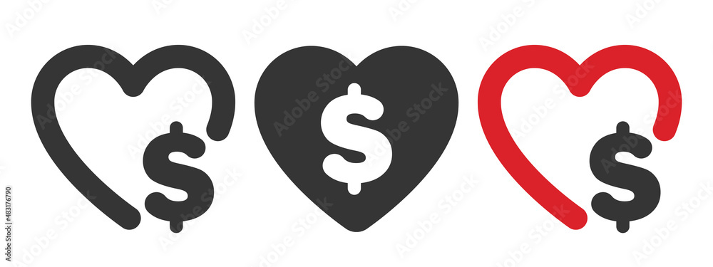Donation icons. Heart with a dollar sign. Charity icons. Donations ...
