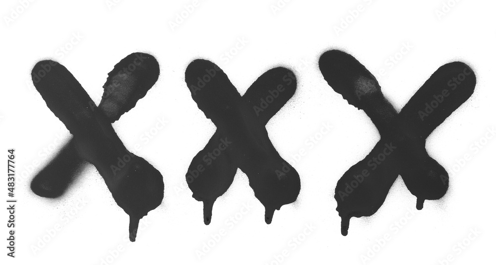 Black spray stain in crossed out, x drawing isolated on white ...