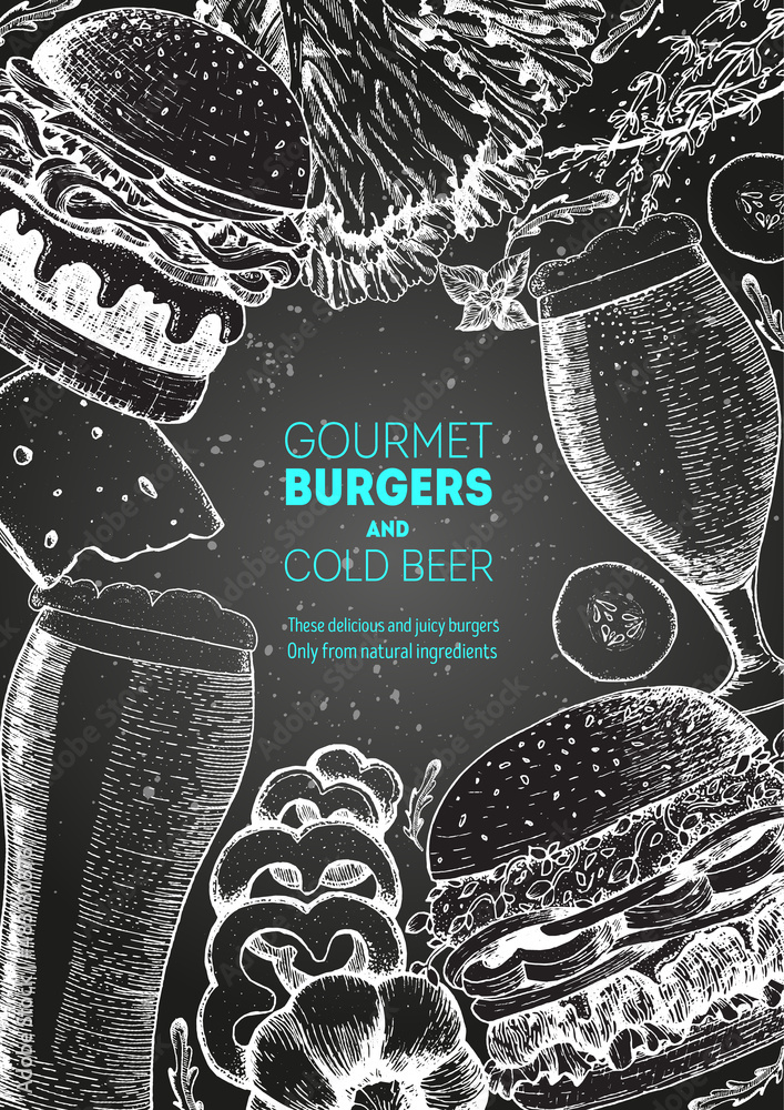 Beer and burgers vector illustration. Fast food, junk food vertical ...