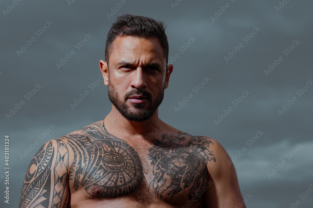 Brutal angry gang man lifestyle, serious handsome guy. Close up ...