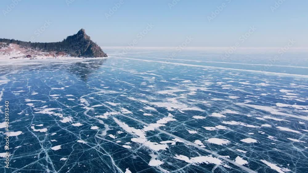 Frozen Lake Baikal, Aerial view. Beautiful winter landscape with clear ...