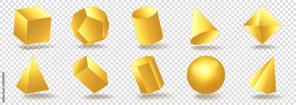 Set of golden figures. Volumetric objects, rendering, elements for ...