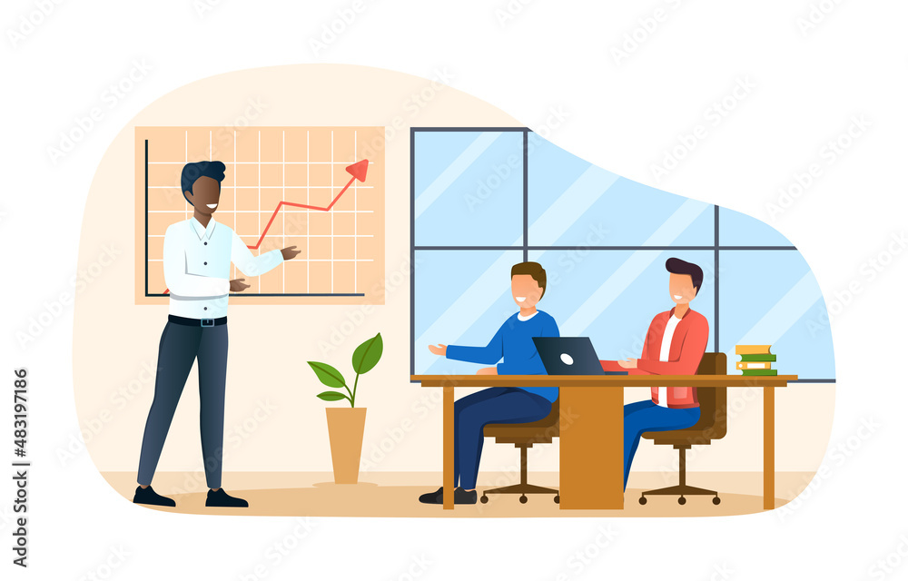 Inclusive office concept. Man shows his colleagues to graph. Marketing ...