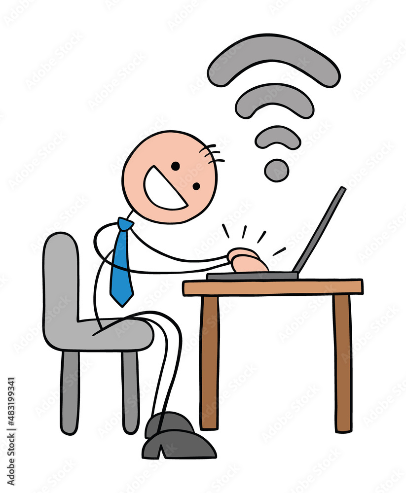 Stickman businessman works on computer at desk with strong wifi signal ...