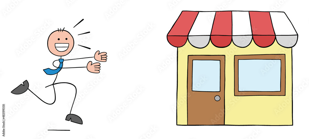 Stickman businessman is running towards the shop for shopping, hand ...