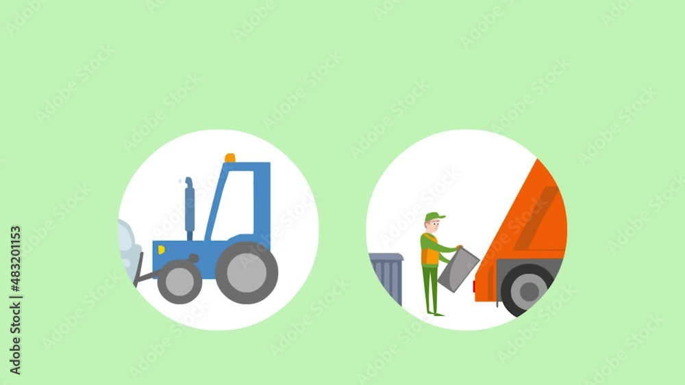 City services. Garbage removal. Worker and truck. Tractor with blade ...