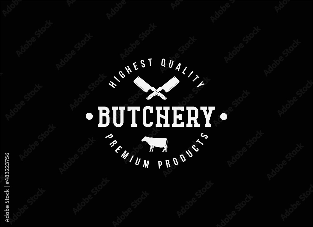 Butchery Shop Logo Design Template. Cow and Knife meet cleave vector ...