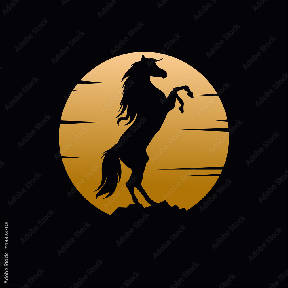 Prancing horse silhouette with Golden Full Moon Illustration logo ...