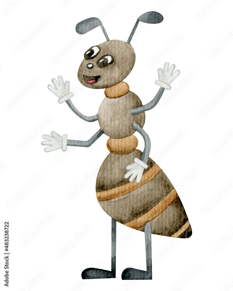 Watercolor cute cartoon ant character. Insect hand drawn illustartion ...