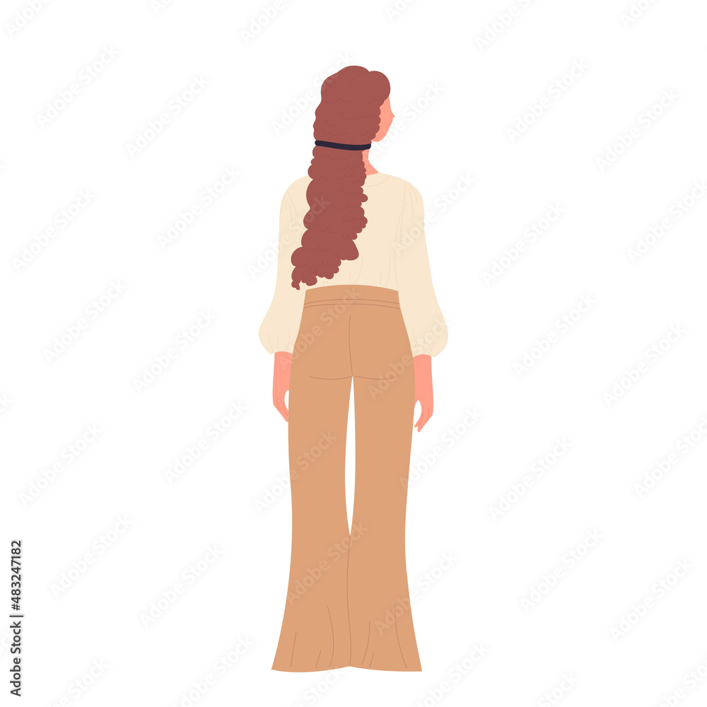 Standing lady backside dressed in casual clothes. Waiting girl back ...