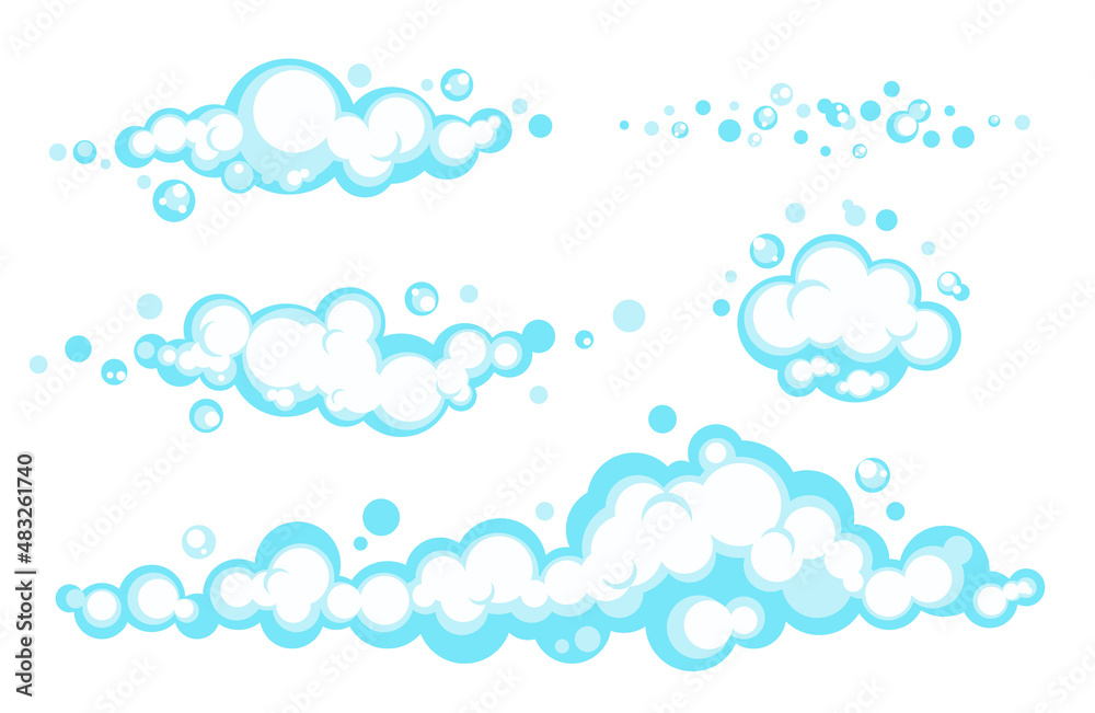 Cartoon soap foam set with bubbles. Light blue suds of bath, shampoo ...