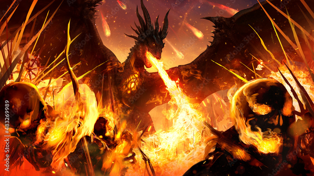 A furious black dragon destroys the army of the undead with a fiery ...