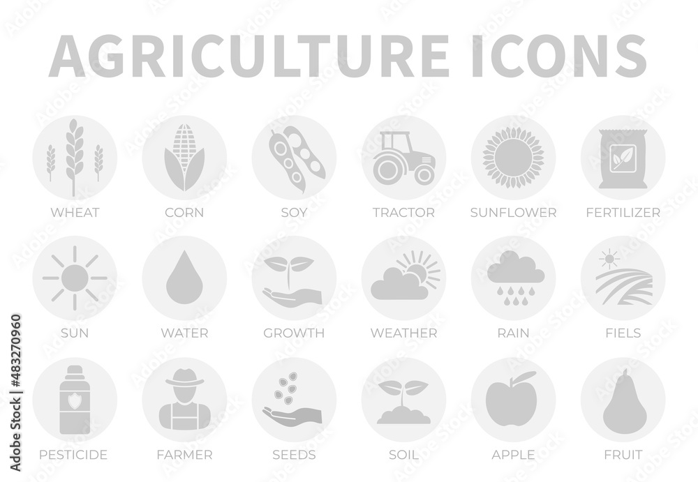 Light Grey Agriculture Round Icon Set of Wheat, Corn, Soy, Tractor ...