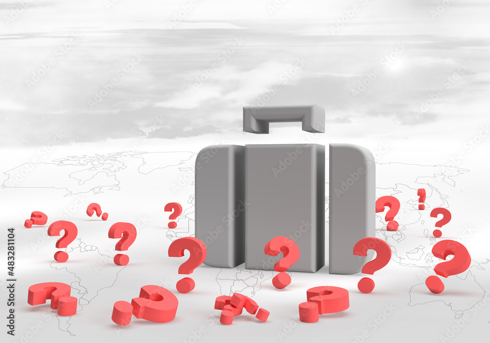 Suitcase and question marks on a background with world map. Stock ...