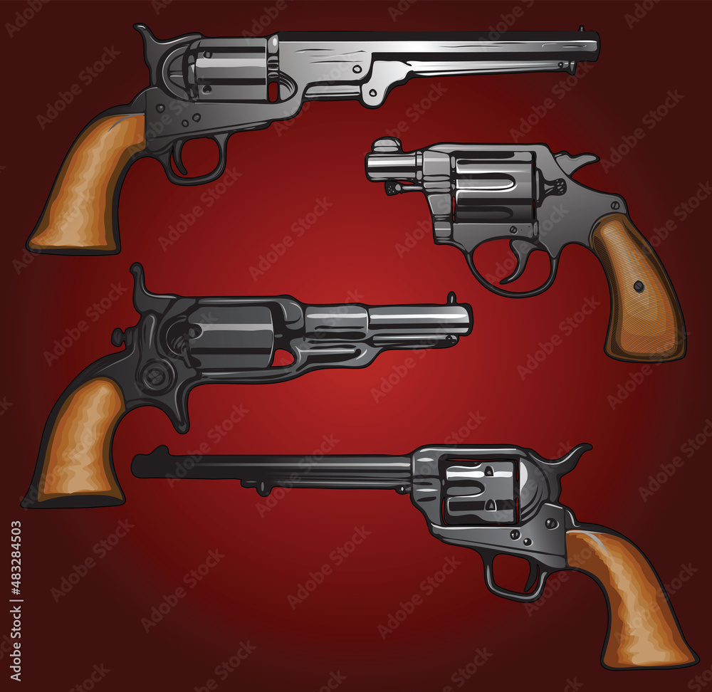 Vector image of a set of old revolver pistols in cartoon style Stock ...