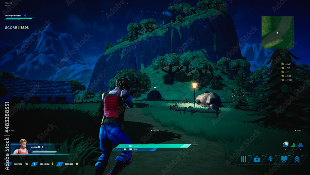 Shot of Night Video Game Mock-up Concept. Gameplay of 3D Third Person ...