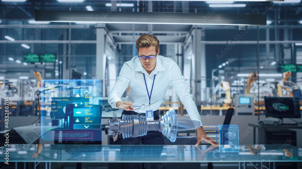 High-Tech Industry: Engineer Designing 3D Engine, Using Augmented ...
