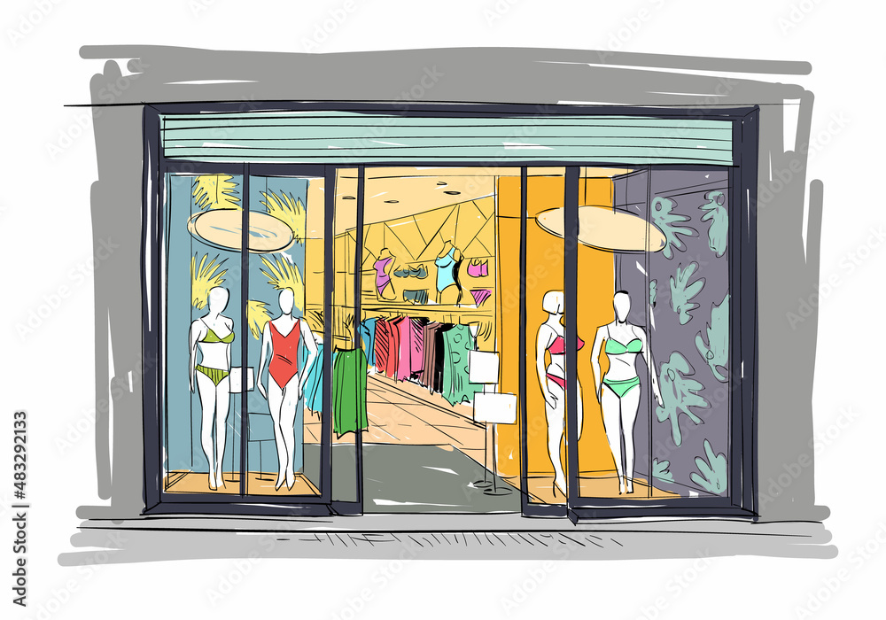 Fashion store shopfront hand drawn sketch interior design. Vector ...