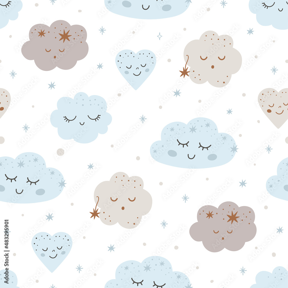 Baby clouds pattern. Nursery dream seamless pattern. Smiling clouds ...