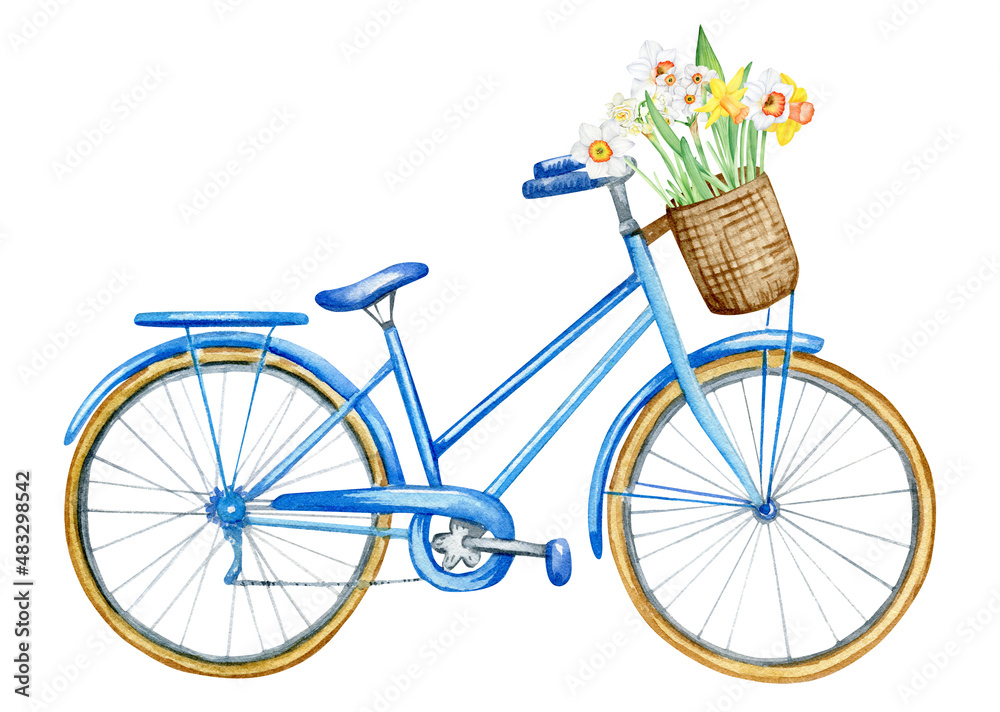 Watercolor hand drawn blue bicycle, spring floral clipart, isolated ...