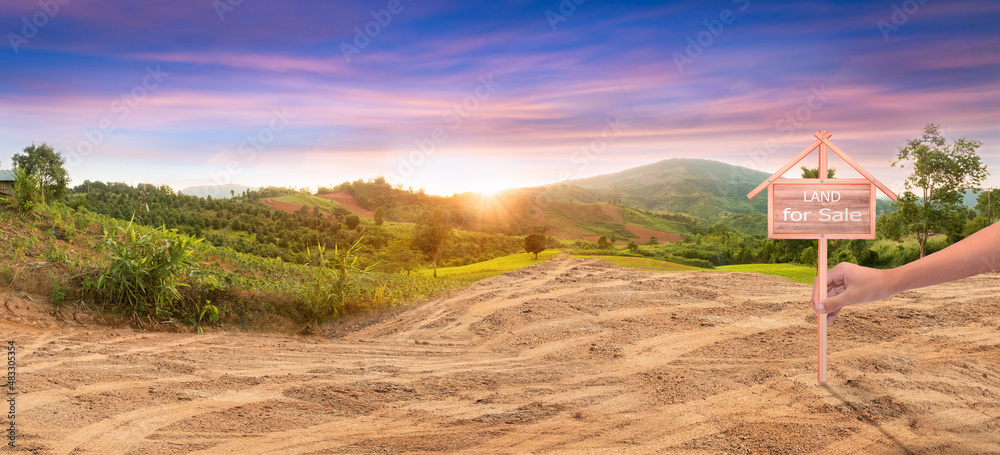 Poster House symbol and land for sale signboard and empty dry cracked ...