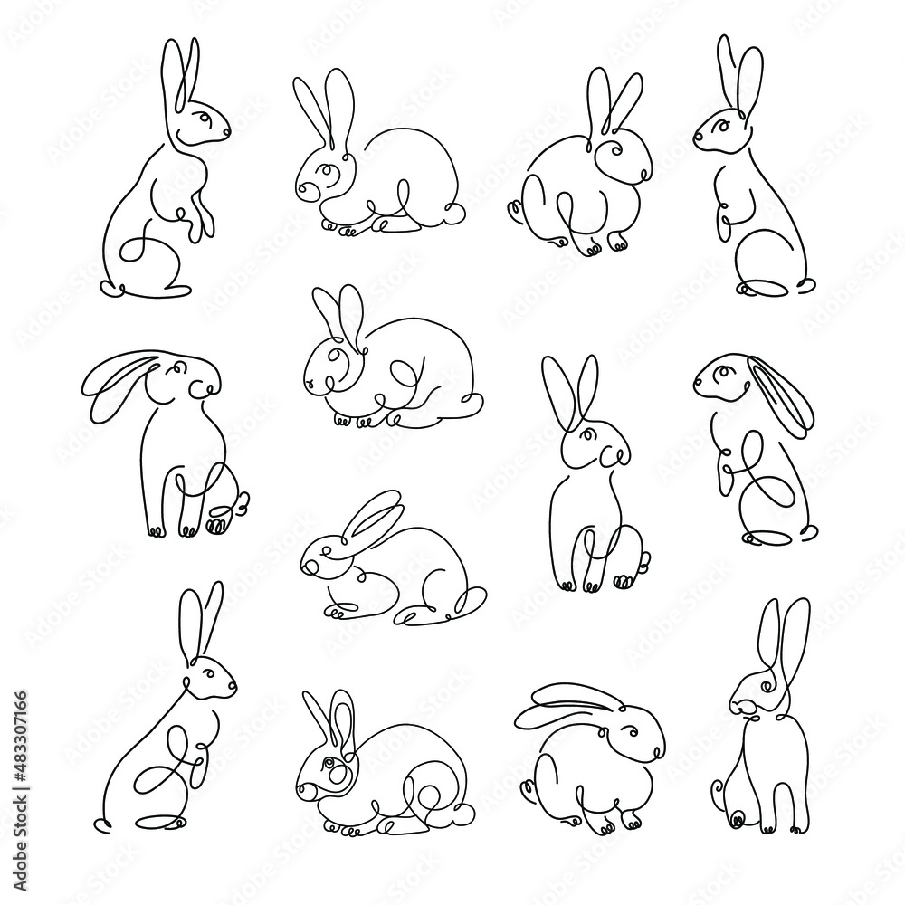 One line drawing Rabbits. Set of vector icons Stock Vector | Adobe Stock