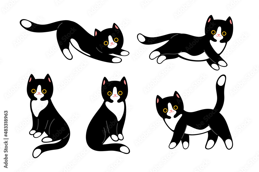 Black cat icon set. Different poses of cat. Vector contour illustration ...