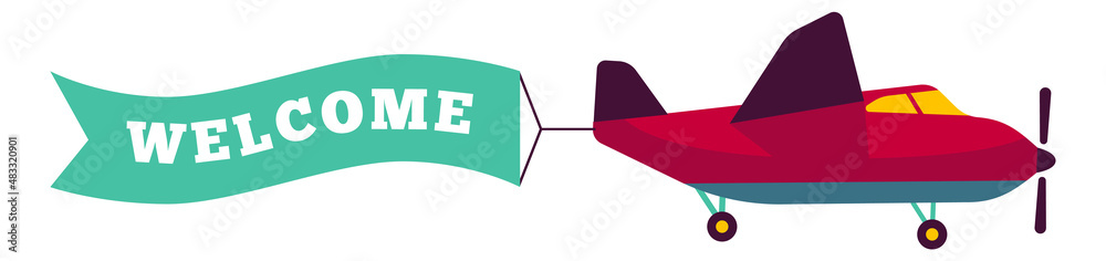 Welcome banner flying with plane. Vintage airplane advertising Stock ...