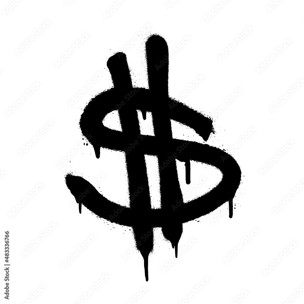 Currency icon of dollar. Black spray graffiti symbol of currency with ...