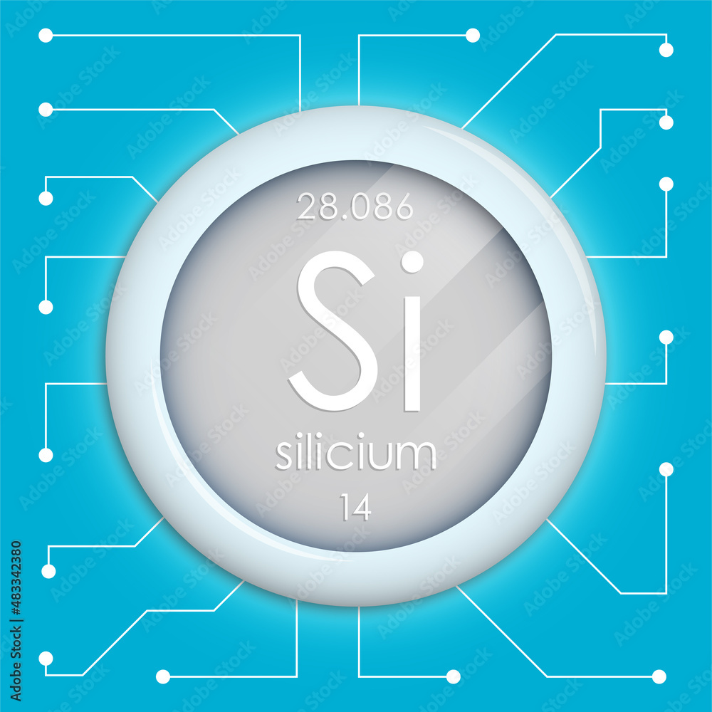 Realistic button with silicium symbol. Chemical element is silicon ...