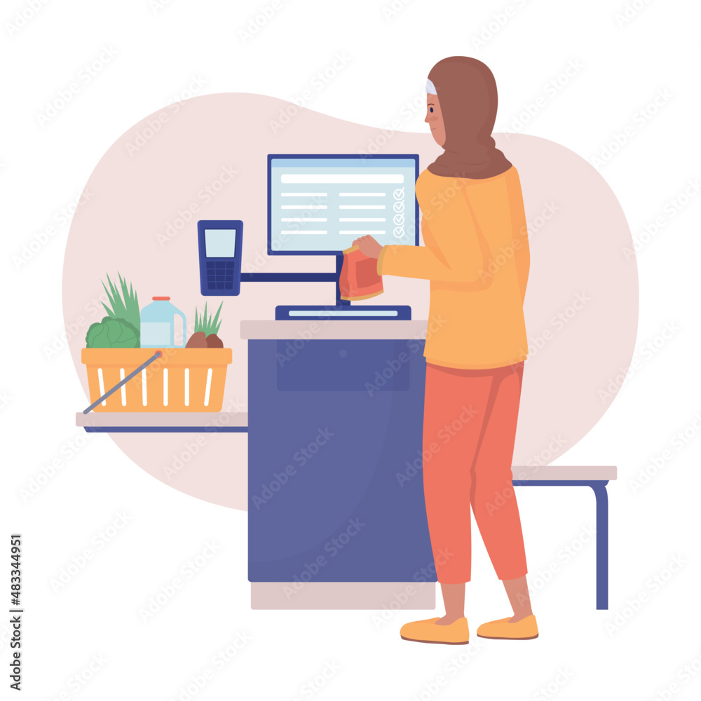 Supermarket terminal 2D vector isolated illustration. Woman scanning ...