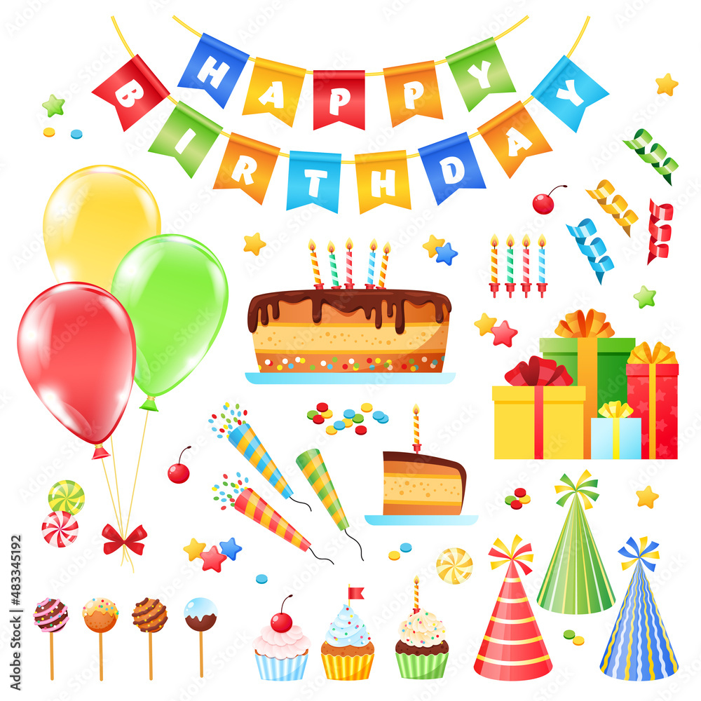 Cartoon birthday party decorations. Set of bright festive icons ...