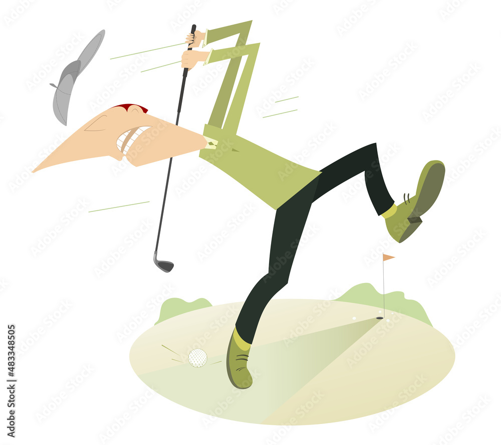 Cartoon golfer man on the golf course illustration. Funny angry golfer ...