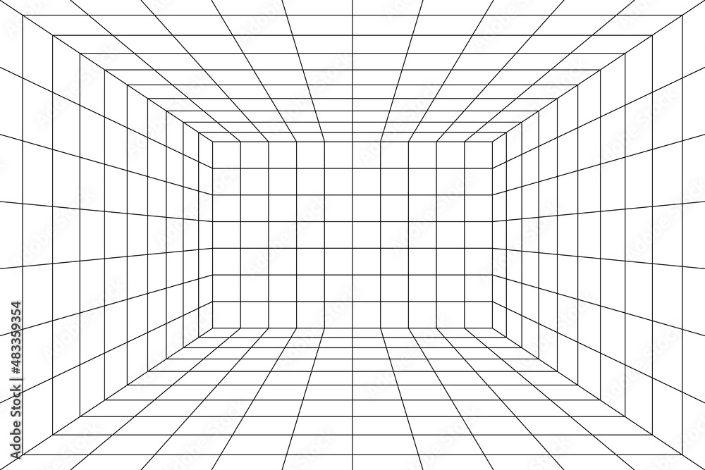 3d digital grid of room space with one point perspective. White empty ...