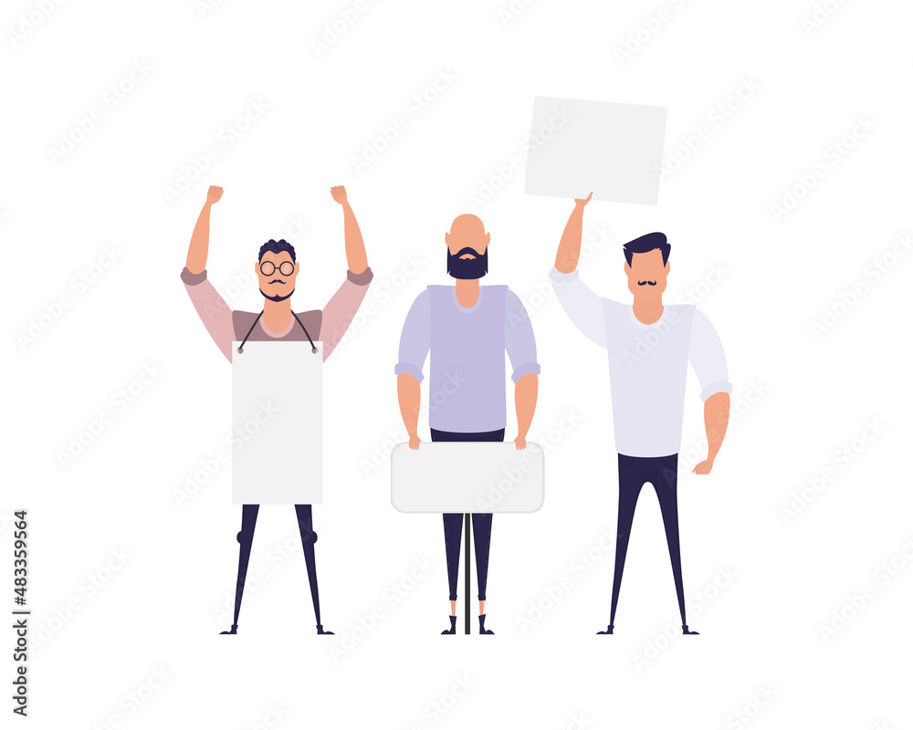Protesting men with an empty banner. Isolated on white background ...