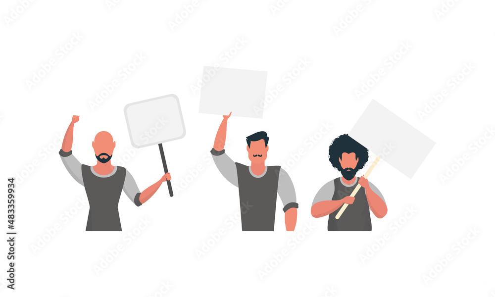 Protesting men with a banner. Isolated on white background. Vector ...