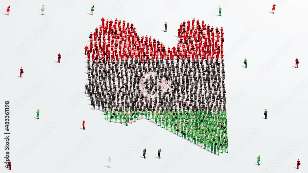 Libya Map and Flag. A large group of people in the Libyan flag color ...